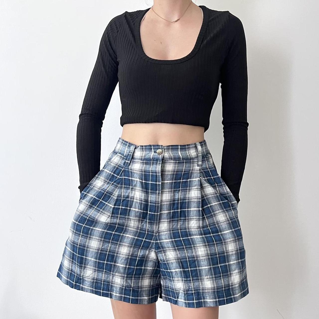 Retro Blue Plaid Shorts Cute boxy high waisted... - Depop