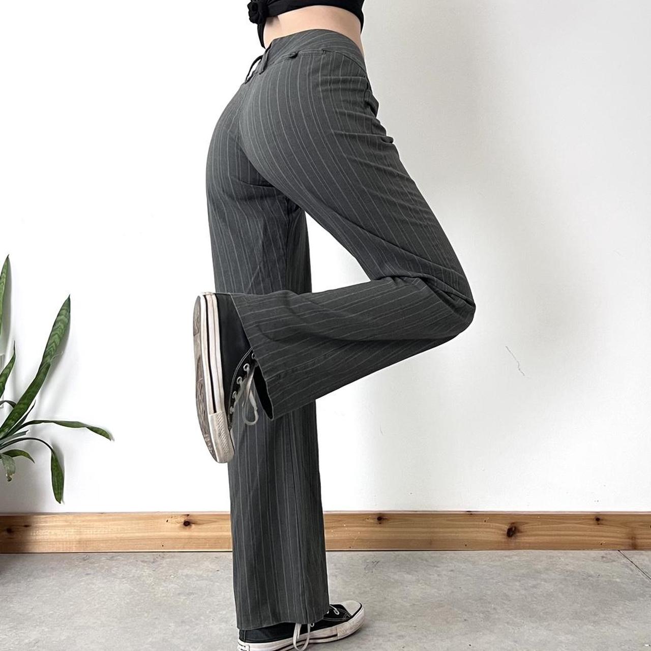 2000s Grey Striped Pants Low rise flare fit. Cute... - Depop