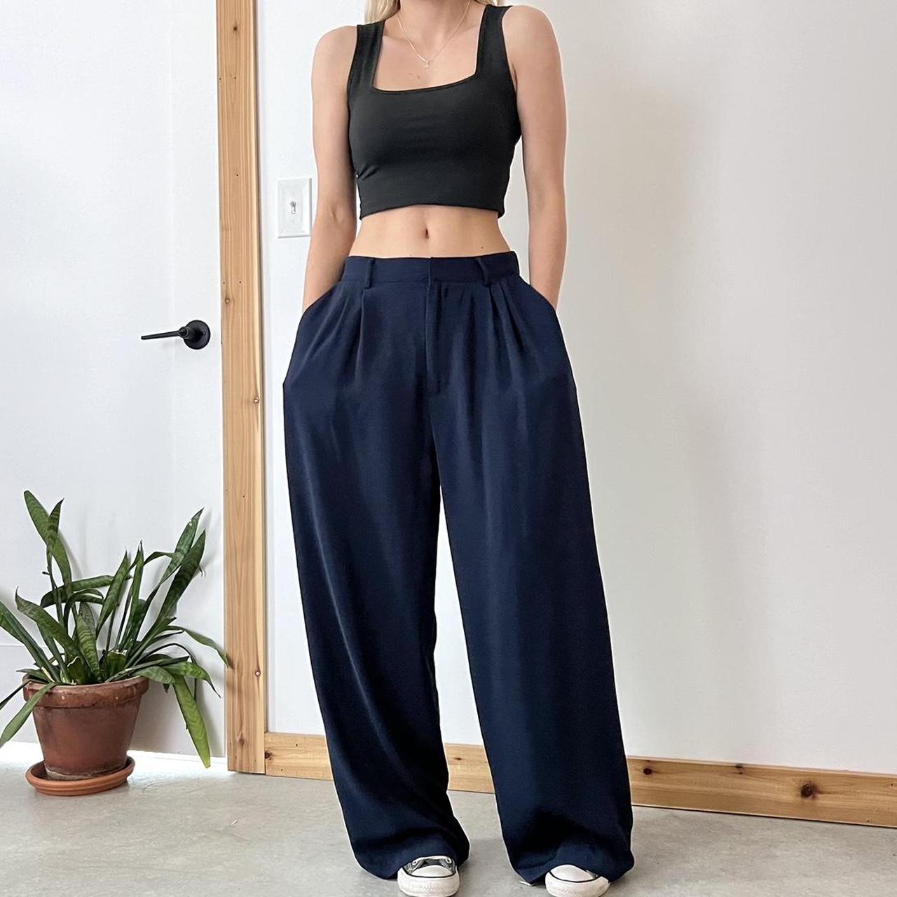 Navy Blue Pants Wide leg flowy fit with pleats in... - Depop