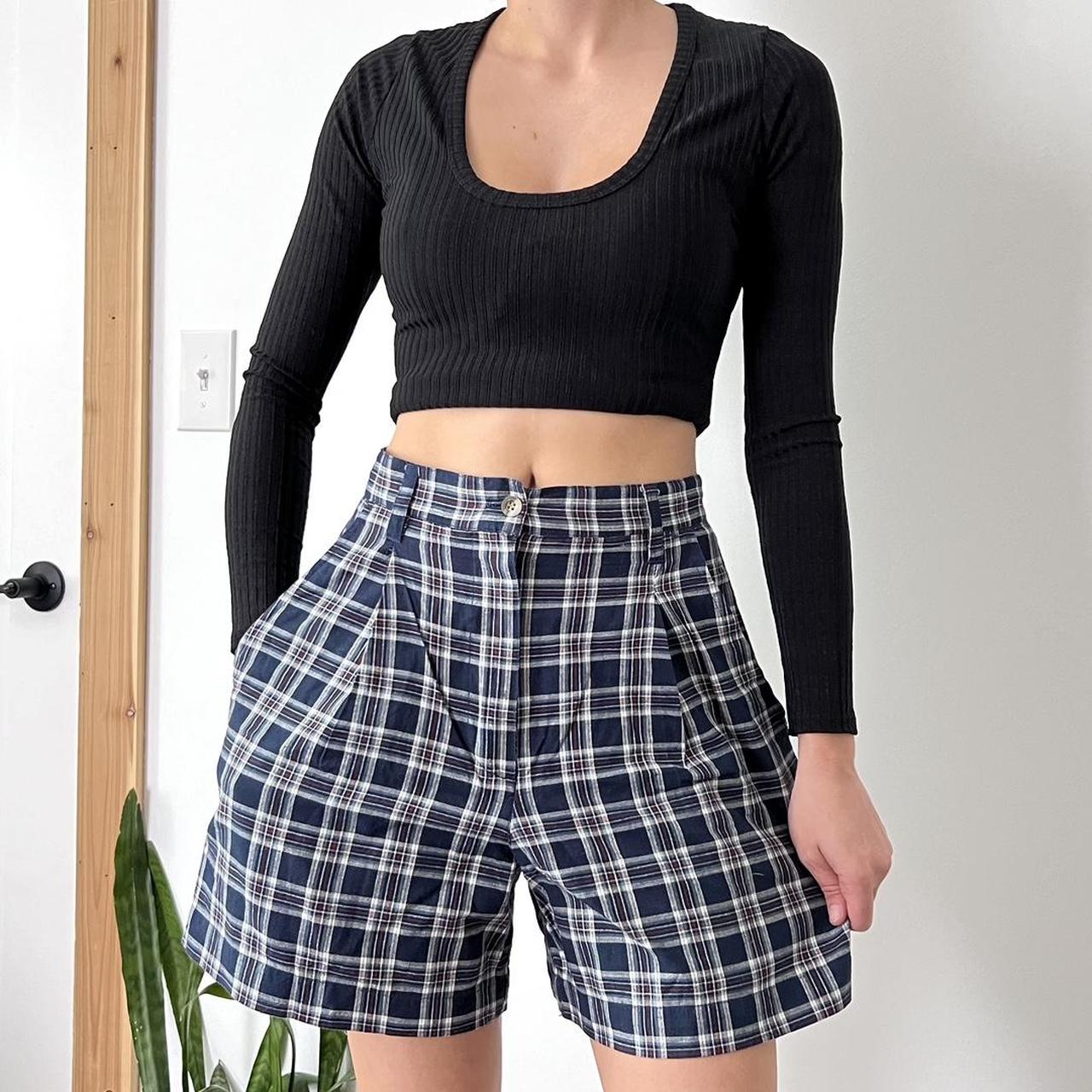 Navy Blue Plaid Shorts High waisted fit with... - Depop