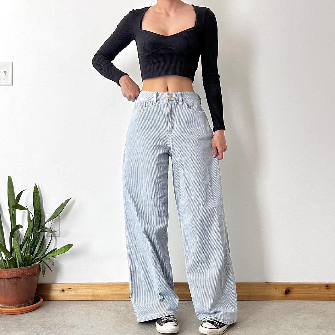 Blue and White Striped Jeans High waisted wide leg... - Depop