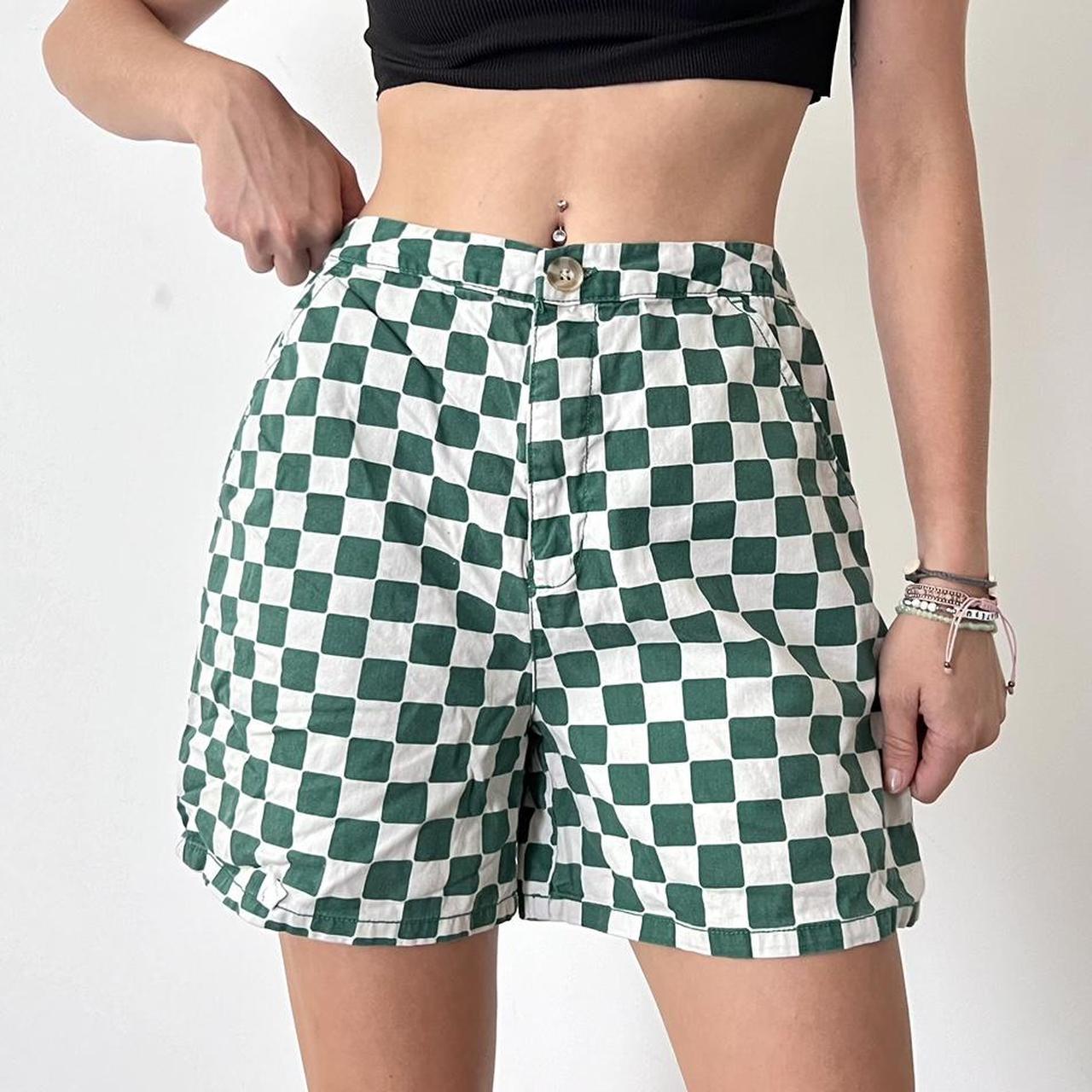 Green and White Checkered Shorts High waisted boxy... - Depop