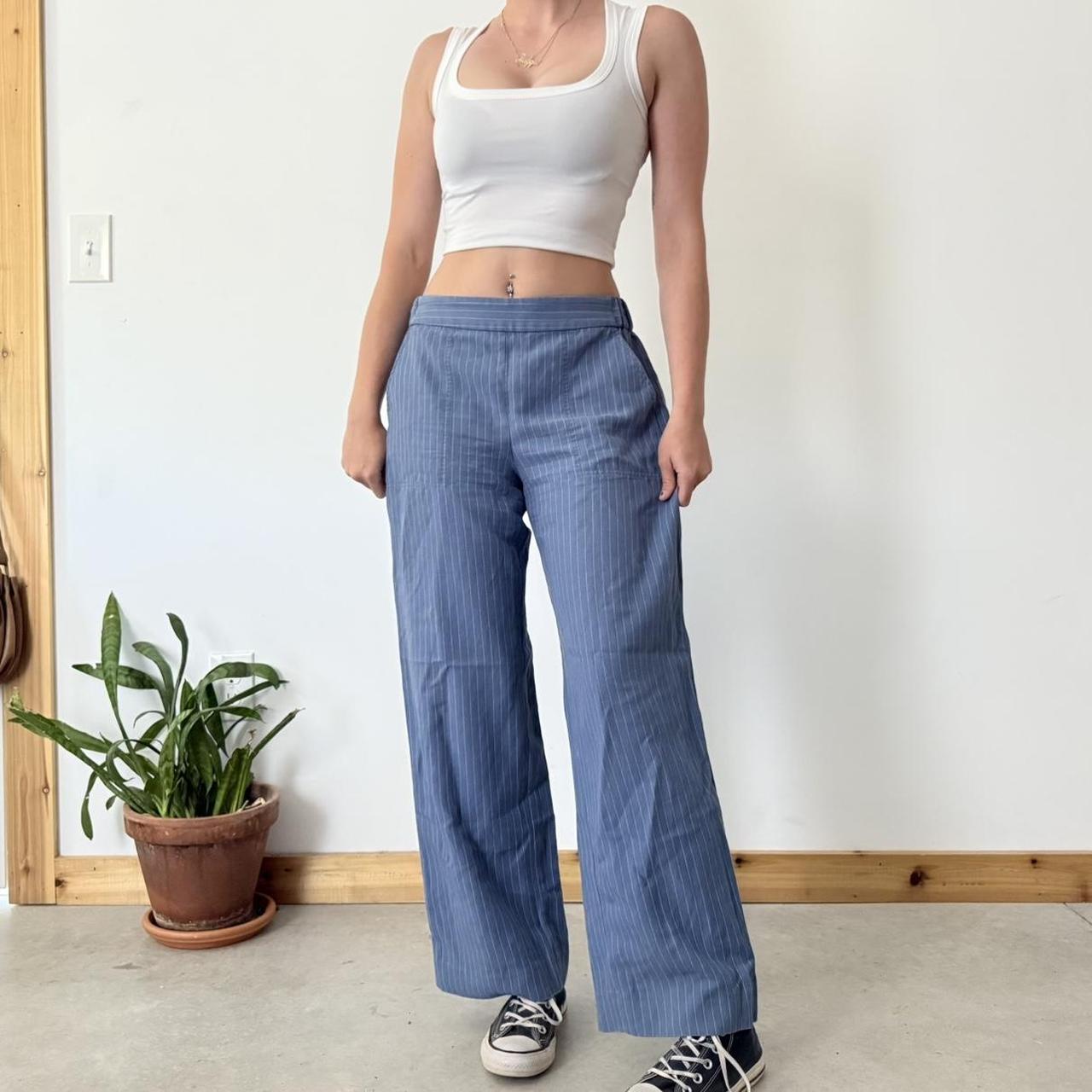 Blue Pinstripe Pants High waisted relaxed wide leg... | Depop