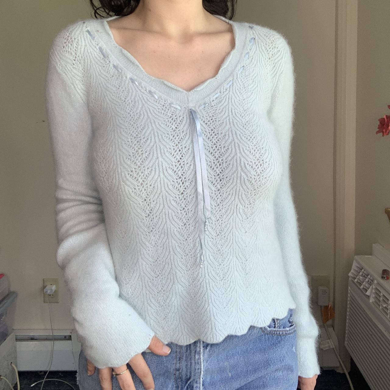Sweet light blue fuzzy long sleeve sweater with... - Depop