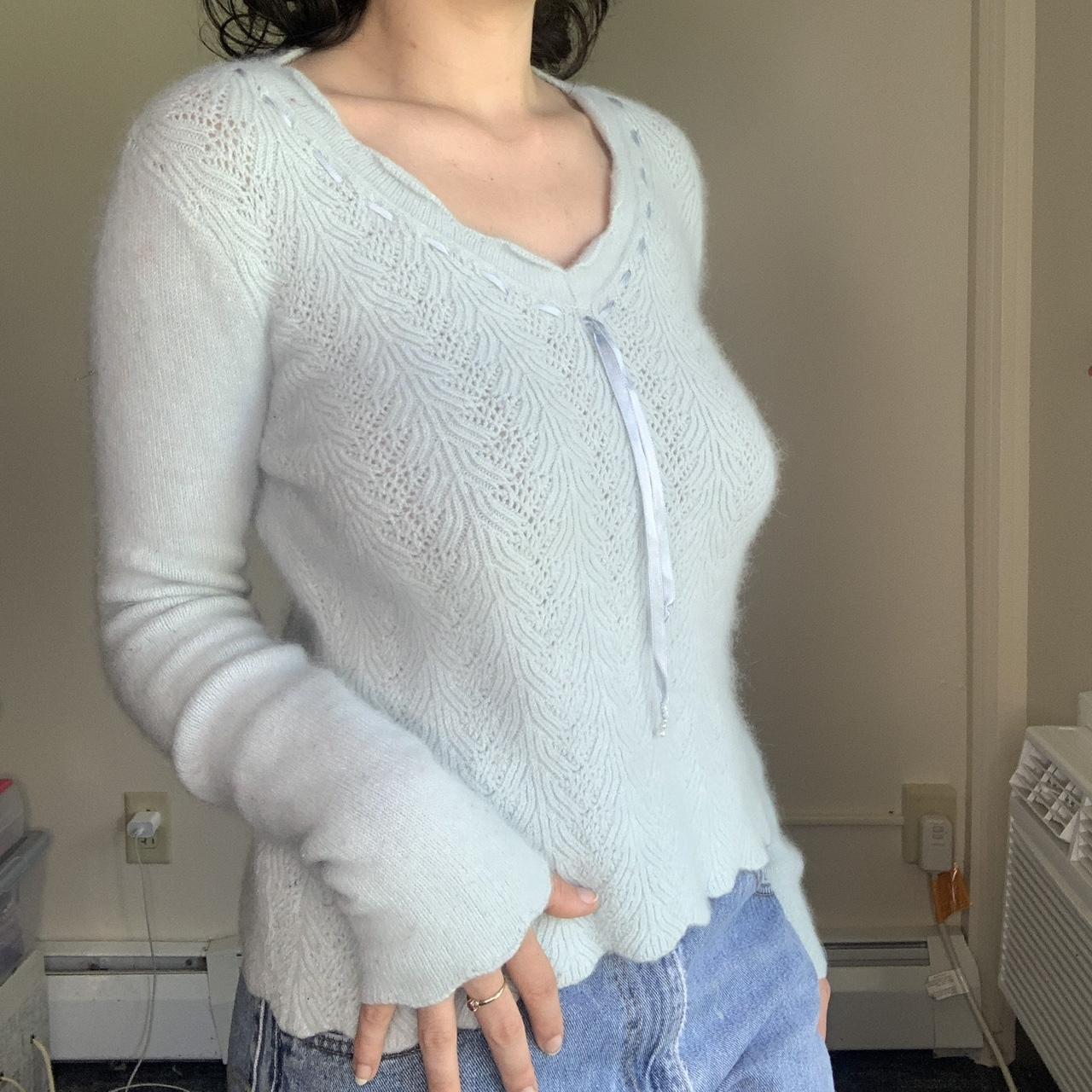 Sweet light blue fuzzy long sleeve sweater with... - Depop