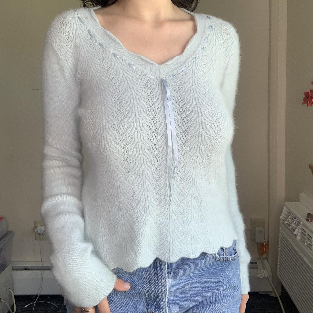 Sweet light blue fuzzy long sleeve sweater with... - Depop