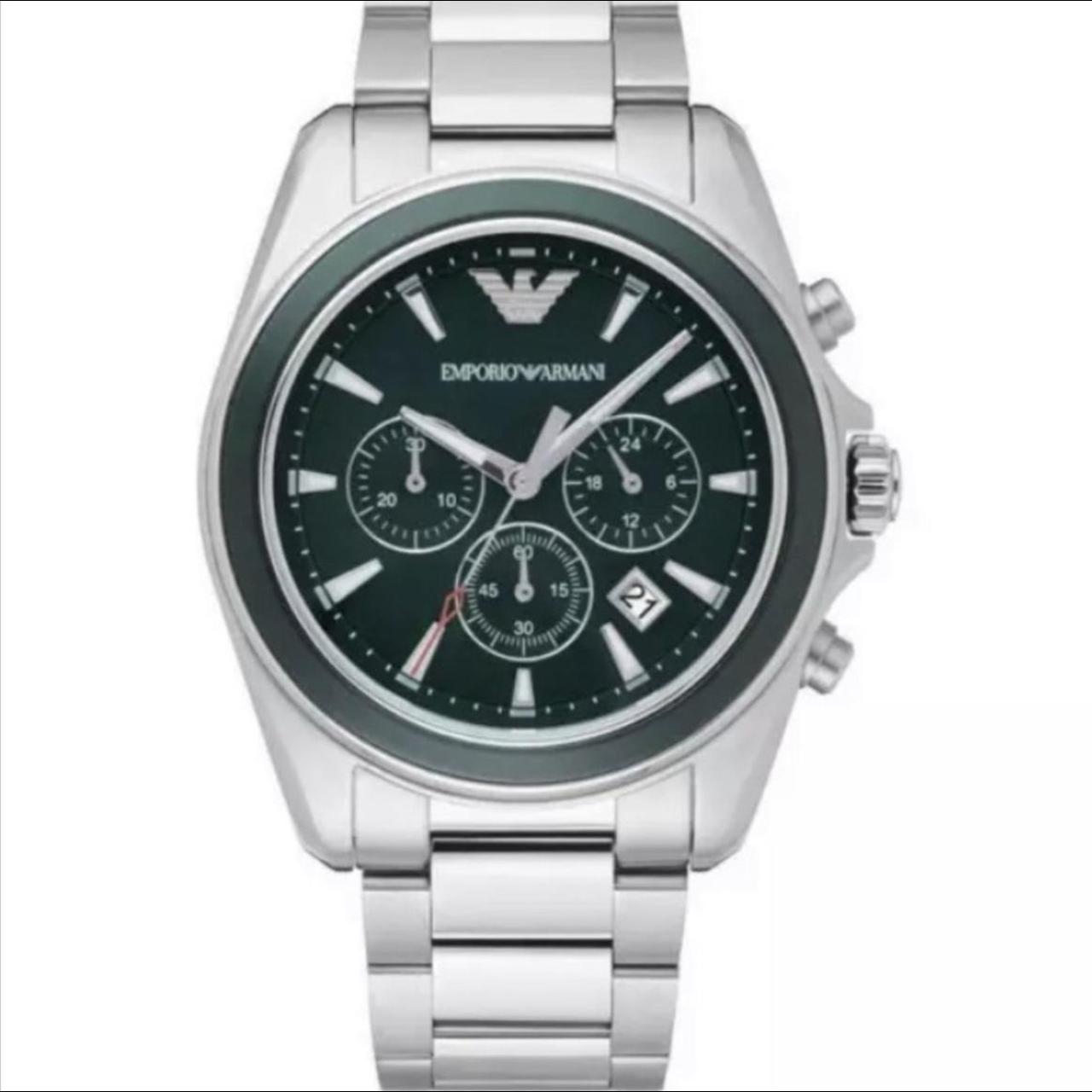 Emporio Armani Men's Silver and Green Watch | Depop