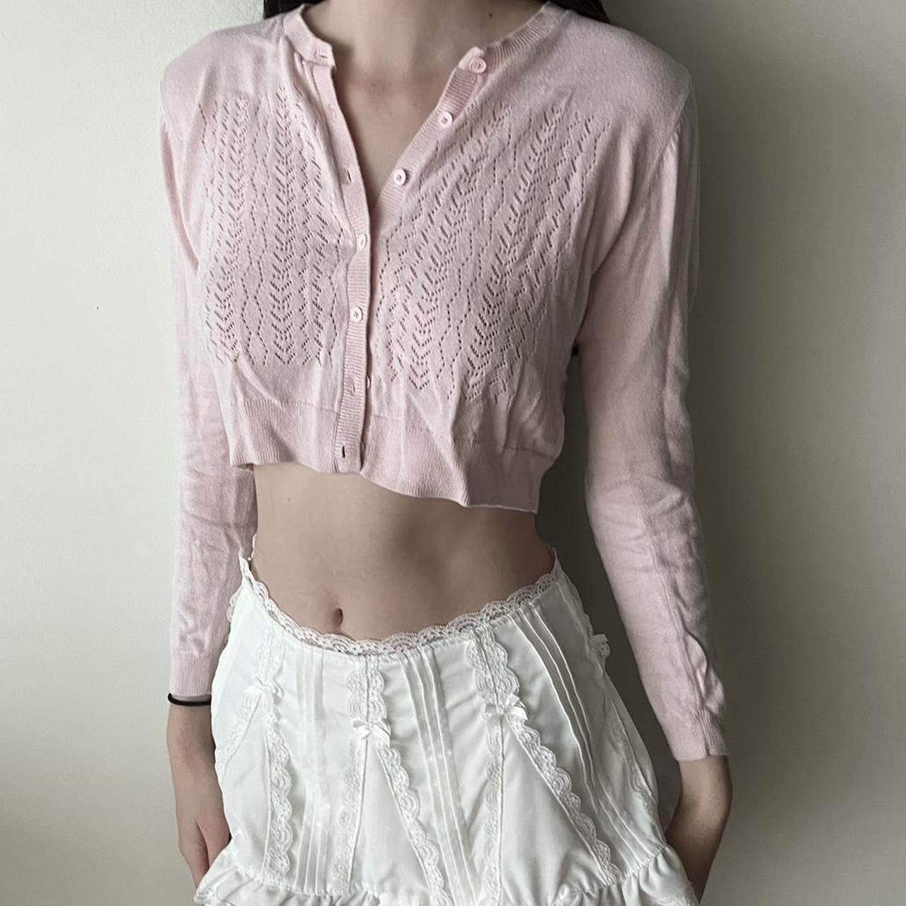 coquette cropped pink preppy cardigan in size XS... - Depop