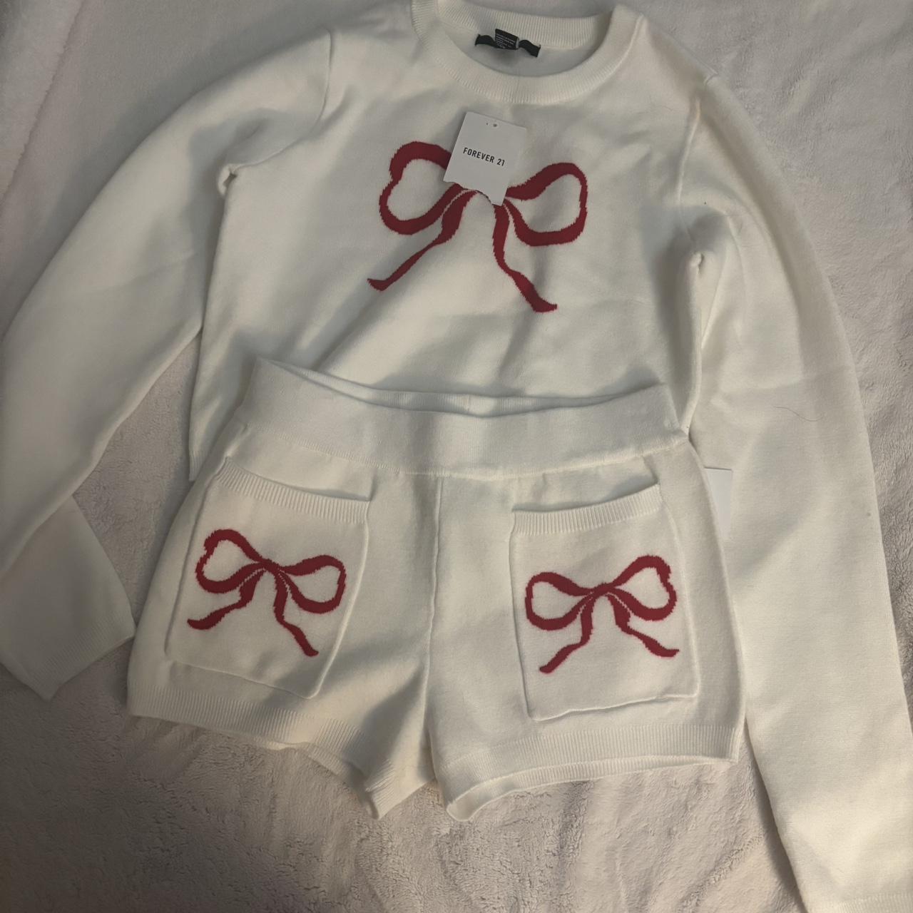 Cute white and red bow sweater shorts set New w tag... | Depop