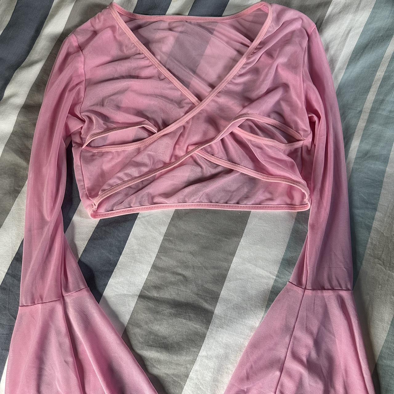 Pink Mesh Crossover Top with Flared Arms Never... - Depop