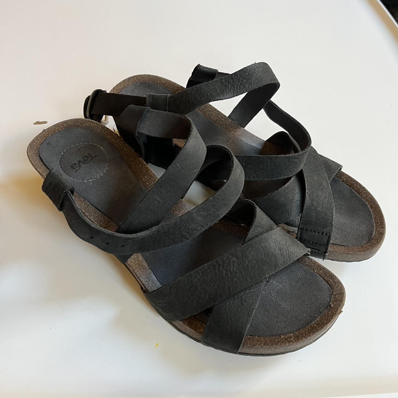 Teva Black leather heeled sandals with cork sole and... | Depop