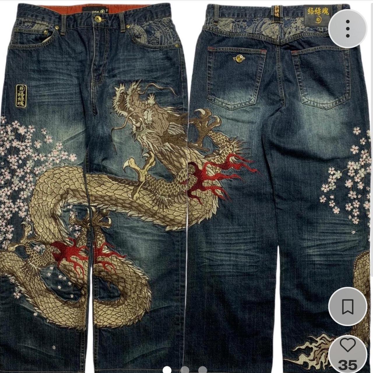 Japanese embroidered dragon denim , sz 34 leg... - Depop