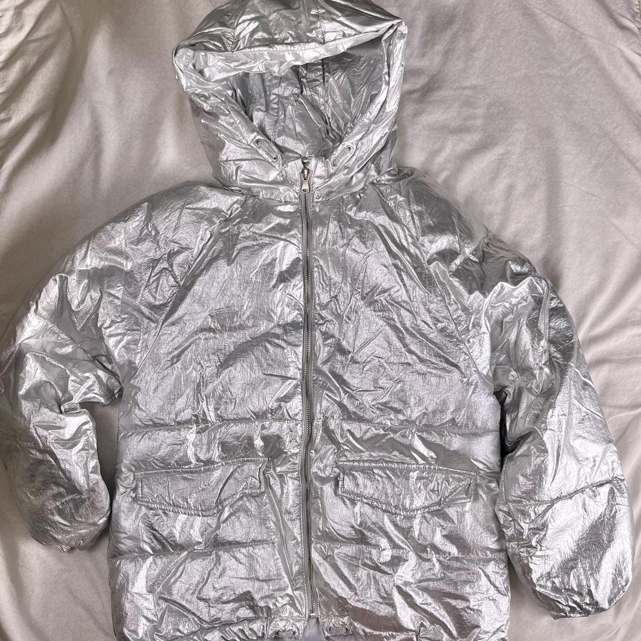 Zara Kids Metallic Silver Hooded Puffer Jacket size... - Depop