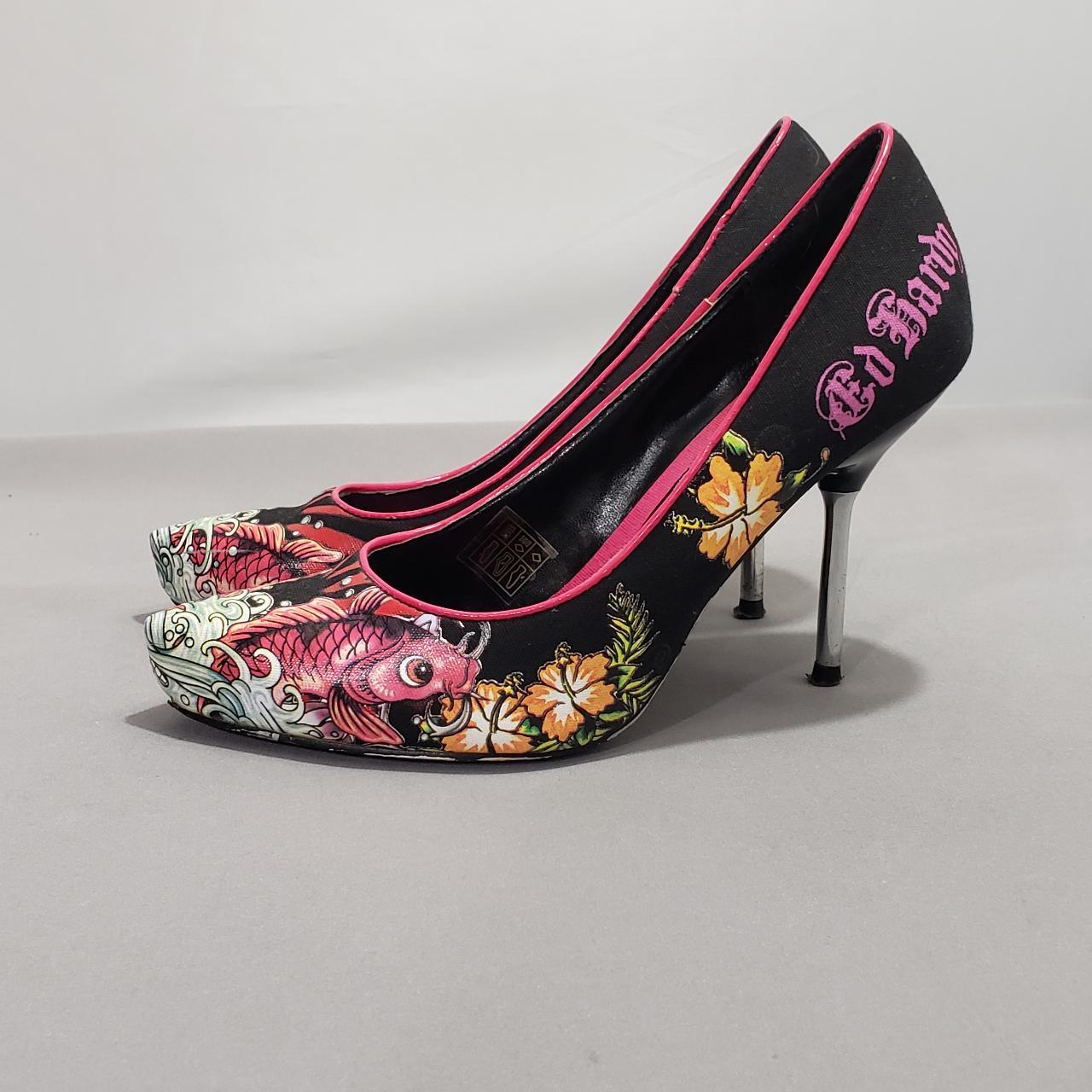 Vintage Ed Hardy Heels size 5 with koi fish and... - Depop