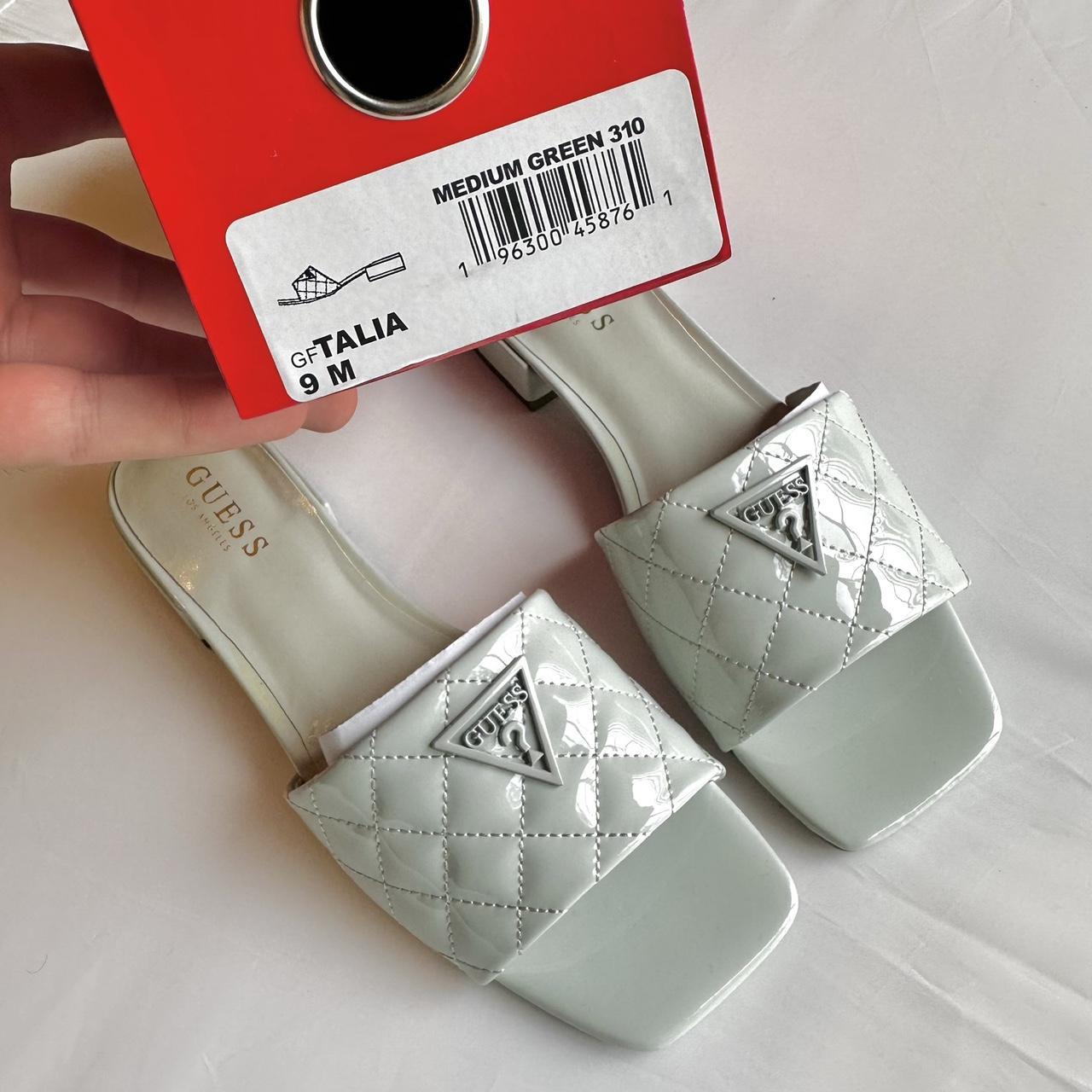 Guess Women's Green and Cream Slides | Depop