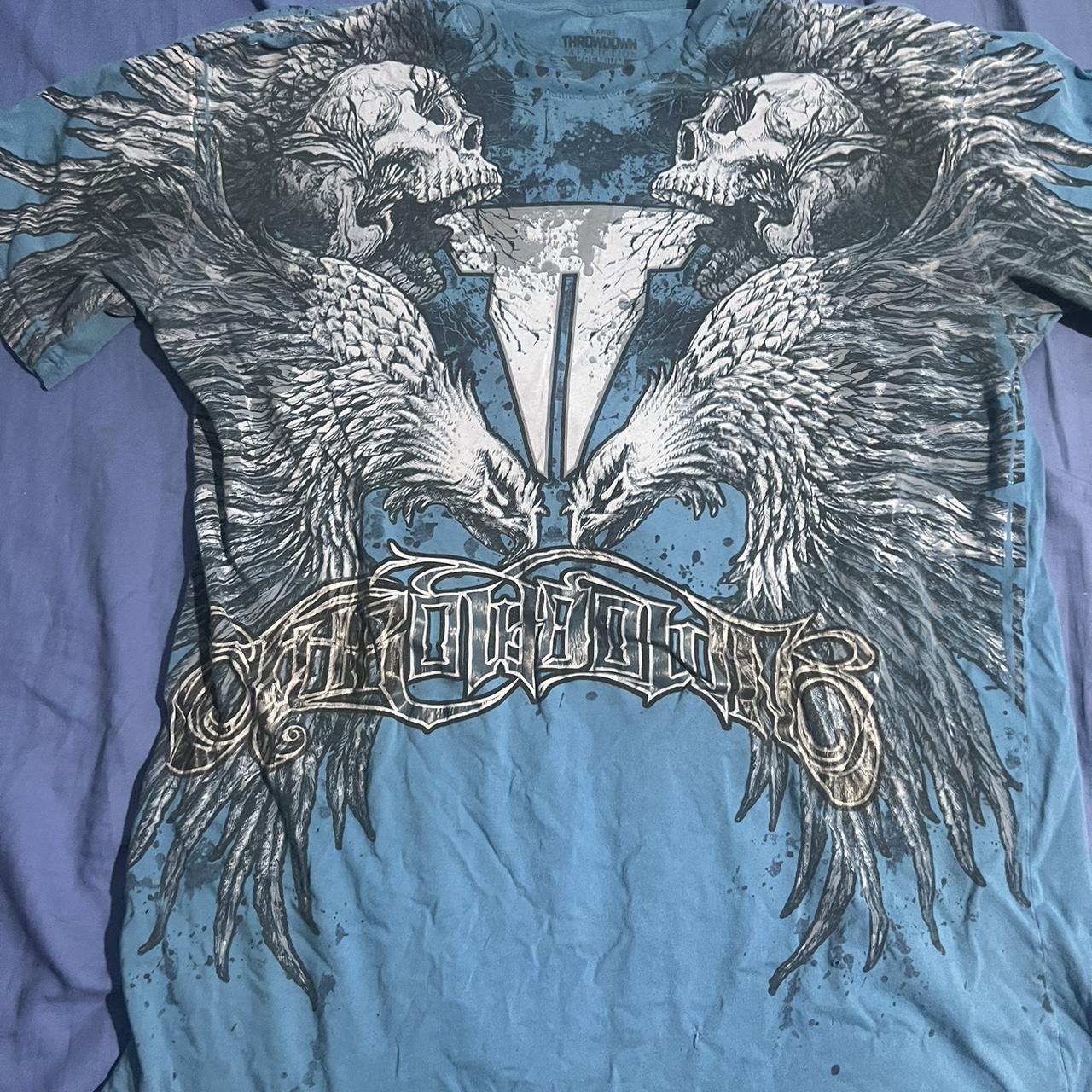 Affliction Men's Blue and Black T-shirt | Depop