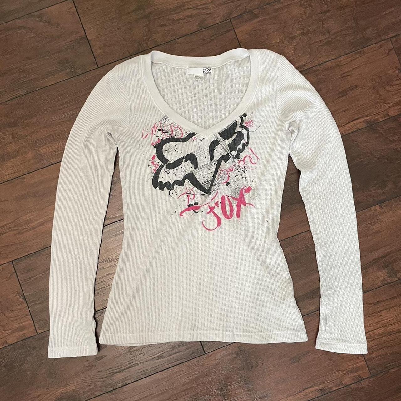 cute y2k white & pink fox racing thermal long sleeve... - Depop