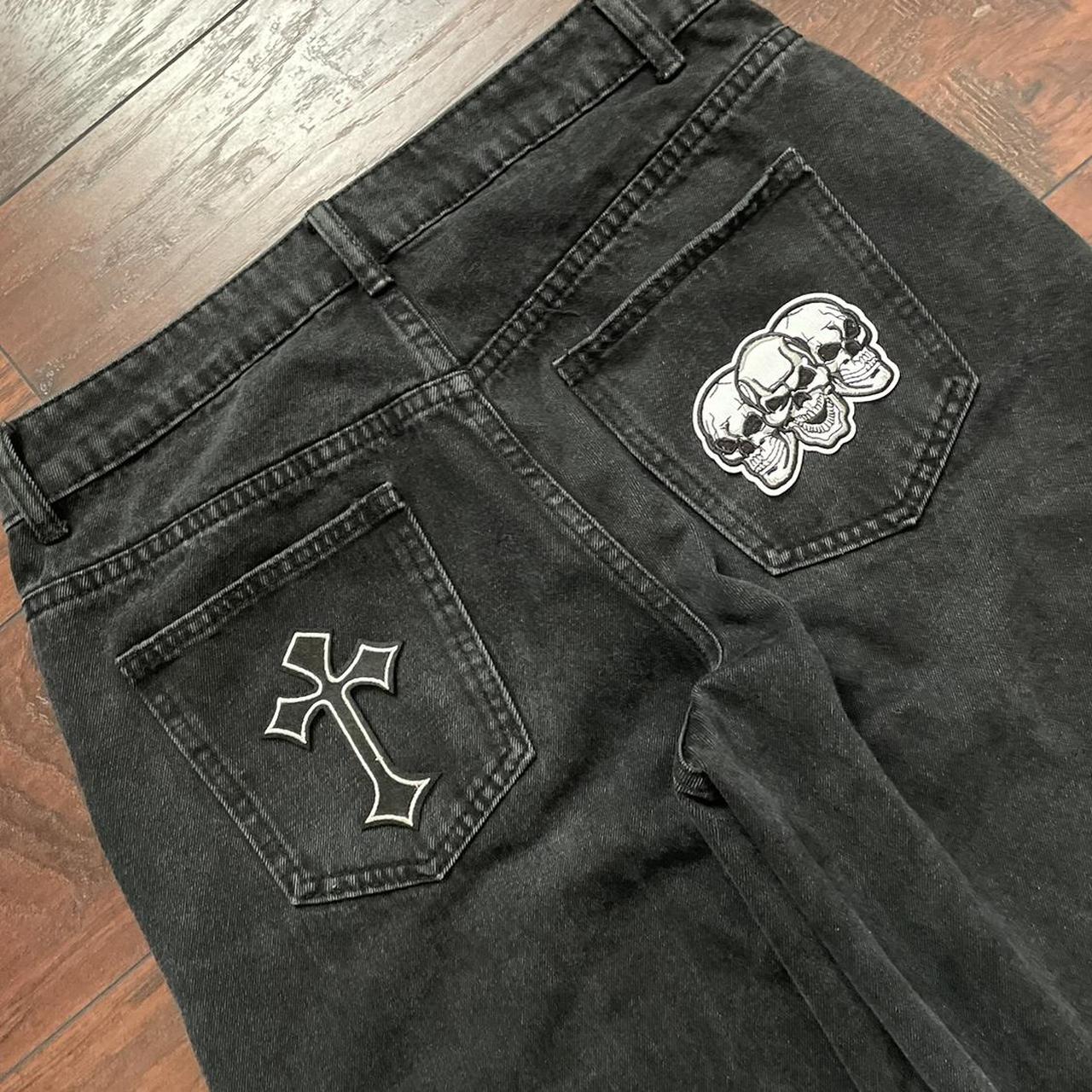y2k baggy custom jnco style skull cross patch jorts... - Depop