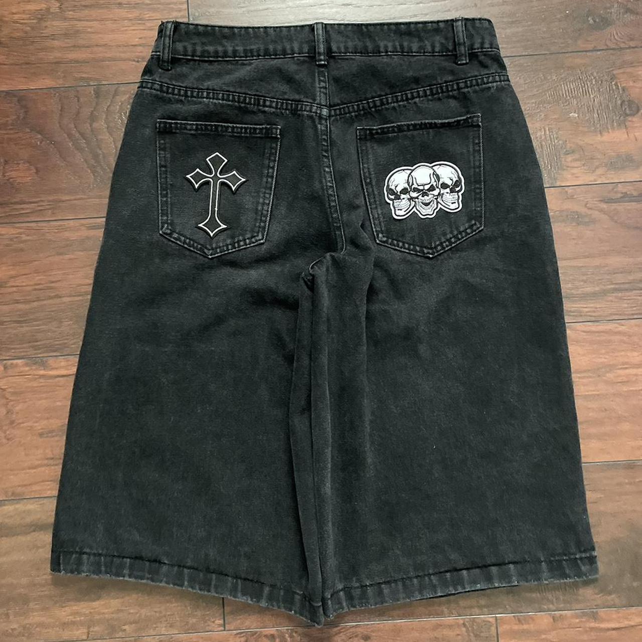 y2k baggy custom jnco style skull cross patch jorts... - Depop