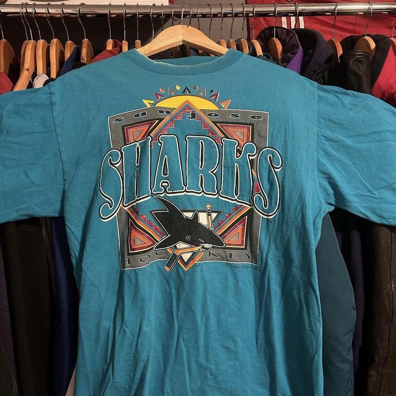 Vintage San Jose sharks tee. Logo 7 size L. Fading... - Depop