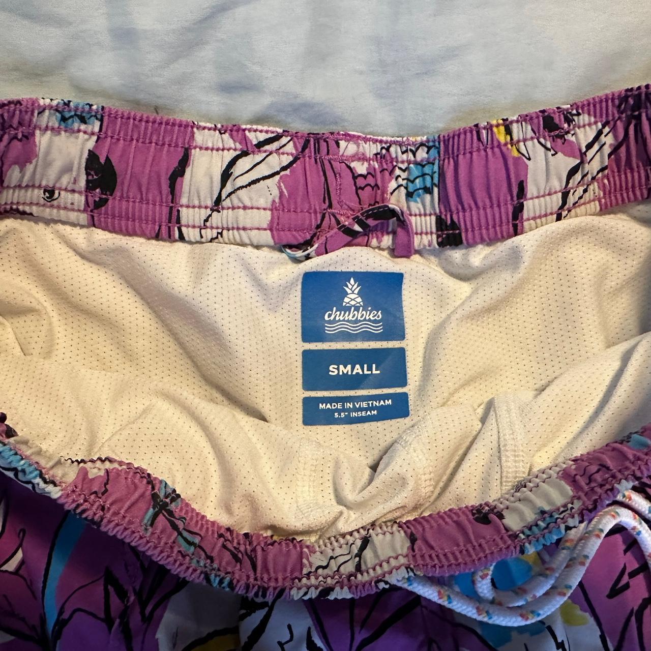 Chubbies purple and yellow parrot swim trunks | Depop