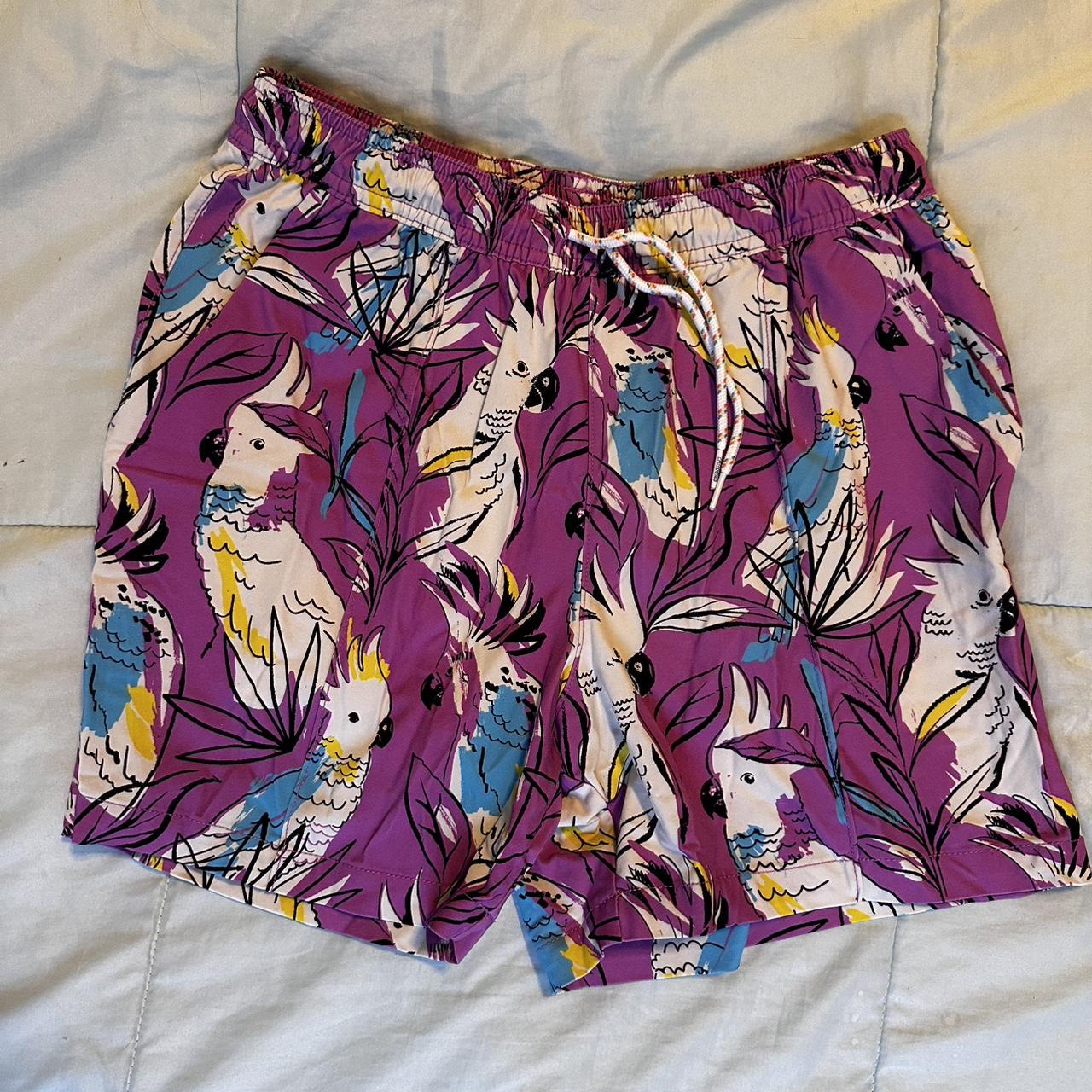 Chubbies purple and yellow parrot swim trunks | Depop