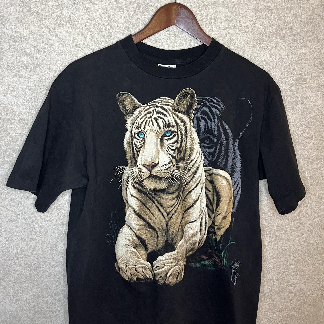 Vintage 90s White Tiger Nature Animal Tee Shirt -... - Depop
