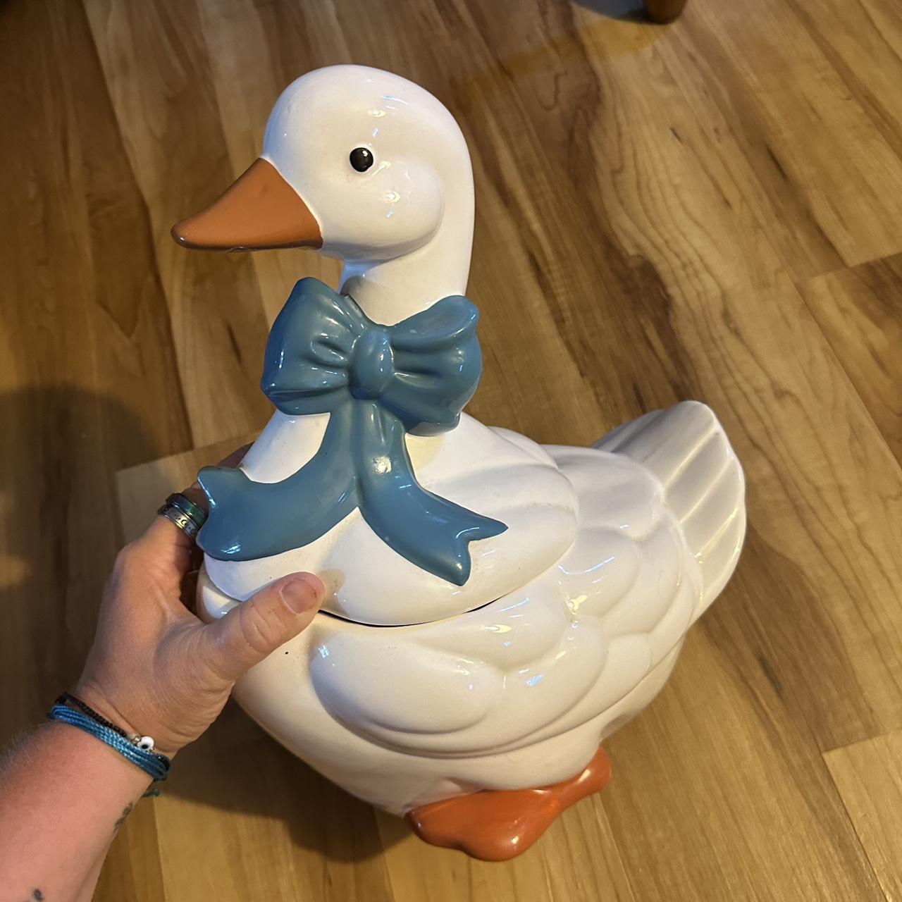 Vintage white duck with blue ribbon cookie jar.... - Depop