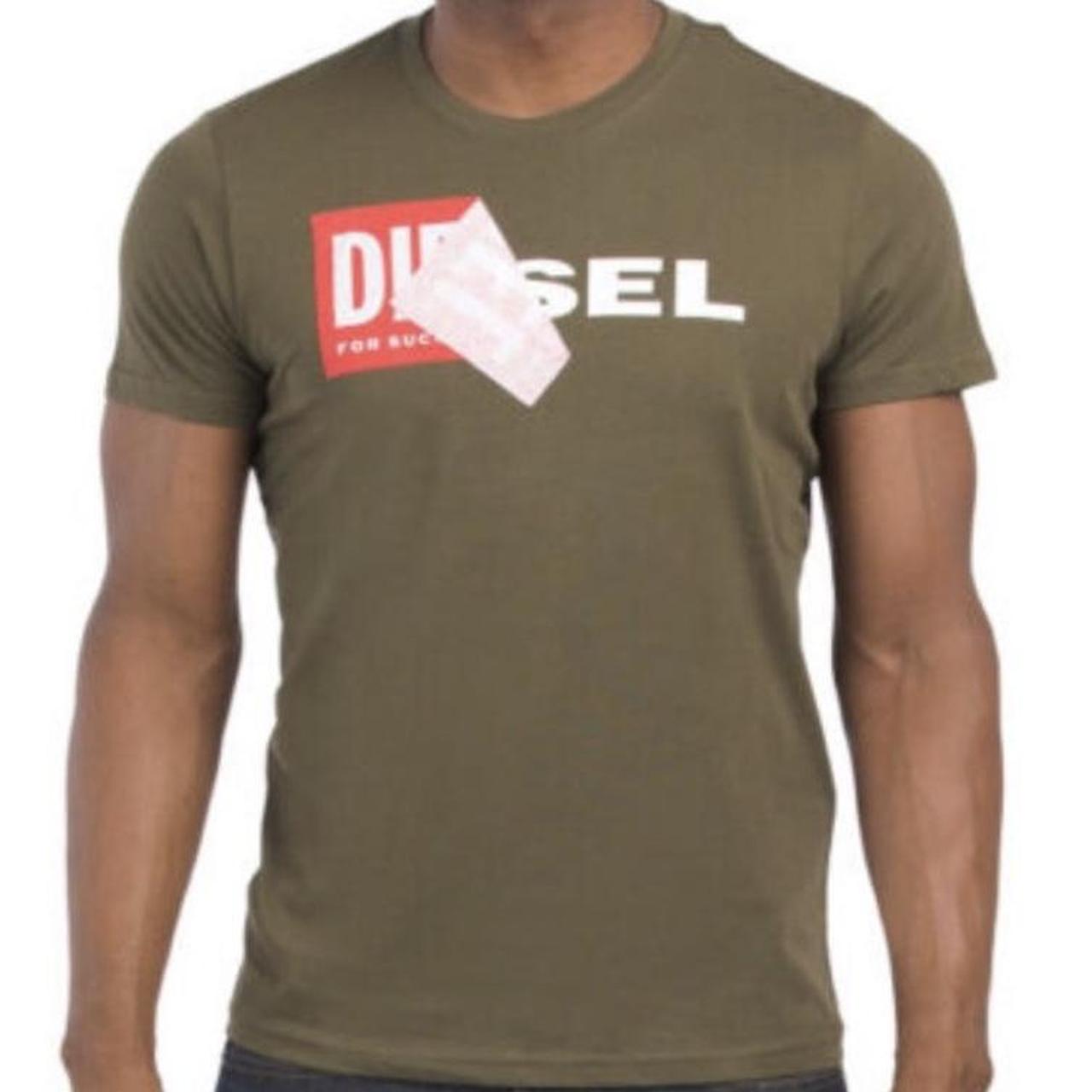 Diesel Men's Khaki and Red T-shirt | Depop