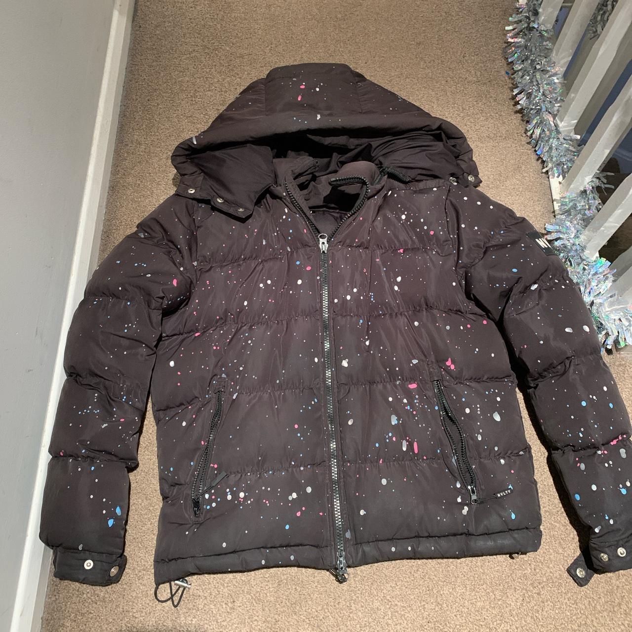 BLACK NVLTY PAINT PUFFER JACKET. Good... - Depop
