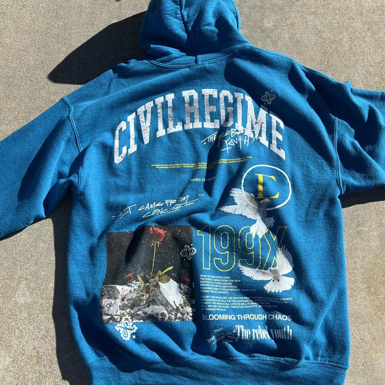 CIVIL REGIME BLUE HOODIE WITH BACK GRAPHIC SIZE L MENS - Depop
