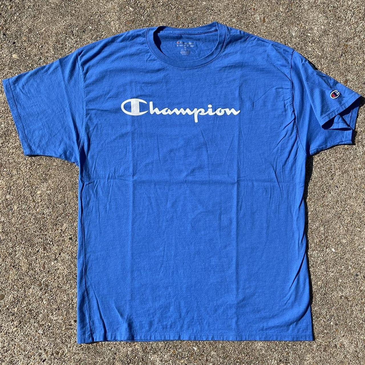 Champion Men's Blue and White T-shirt | Depop