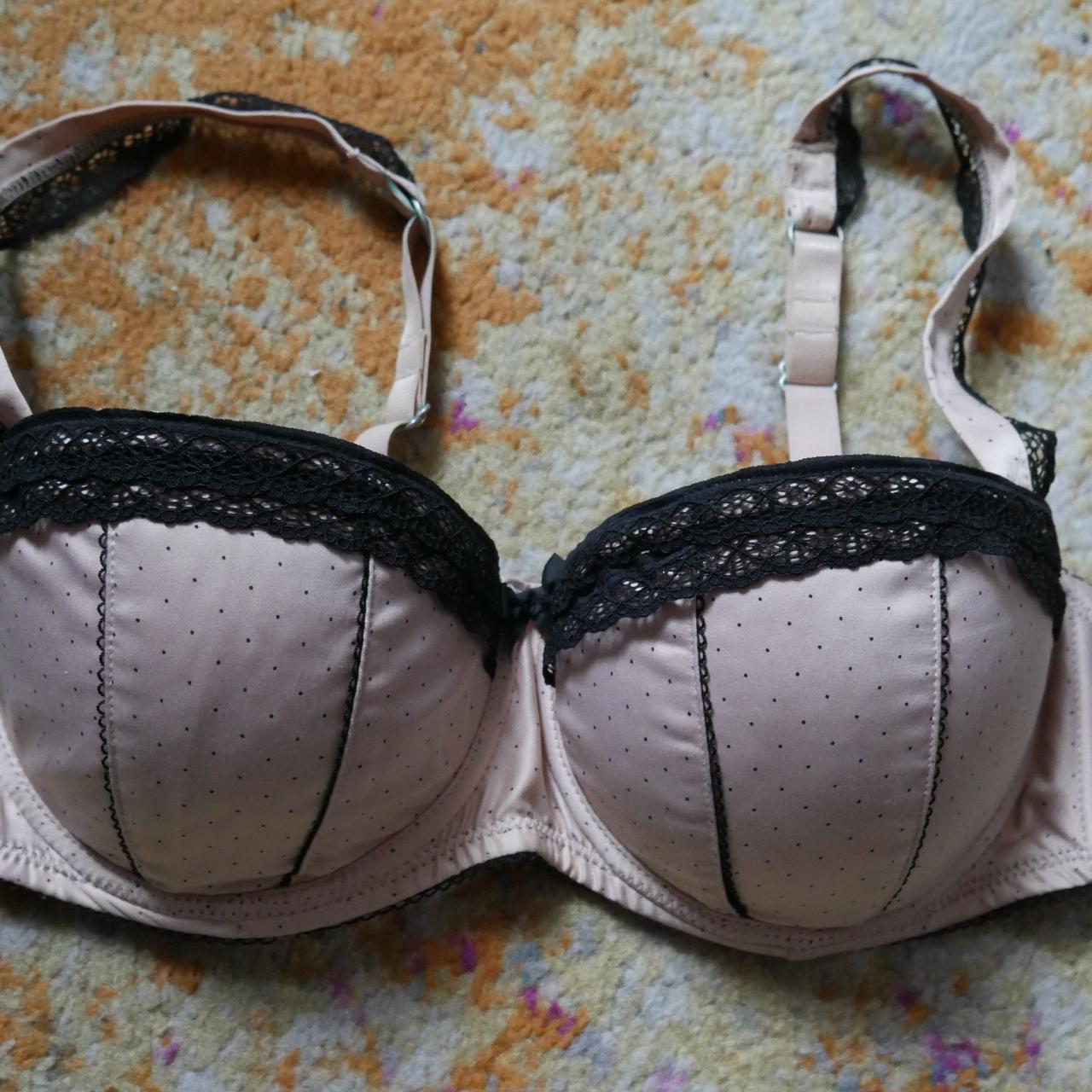 New Look Pink and Black Satin Balconette Bra:... - Depop
