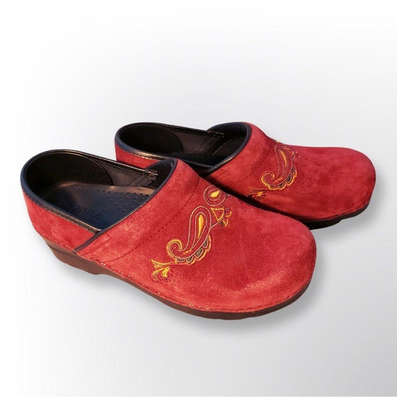 Women's Danish clogs, suede, burgande with swirl... - Depop