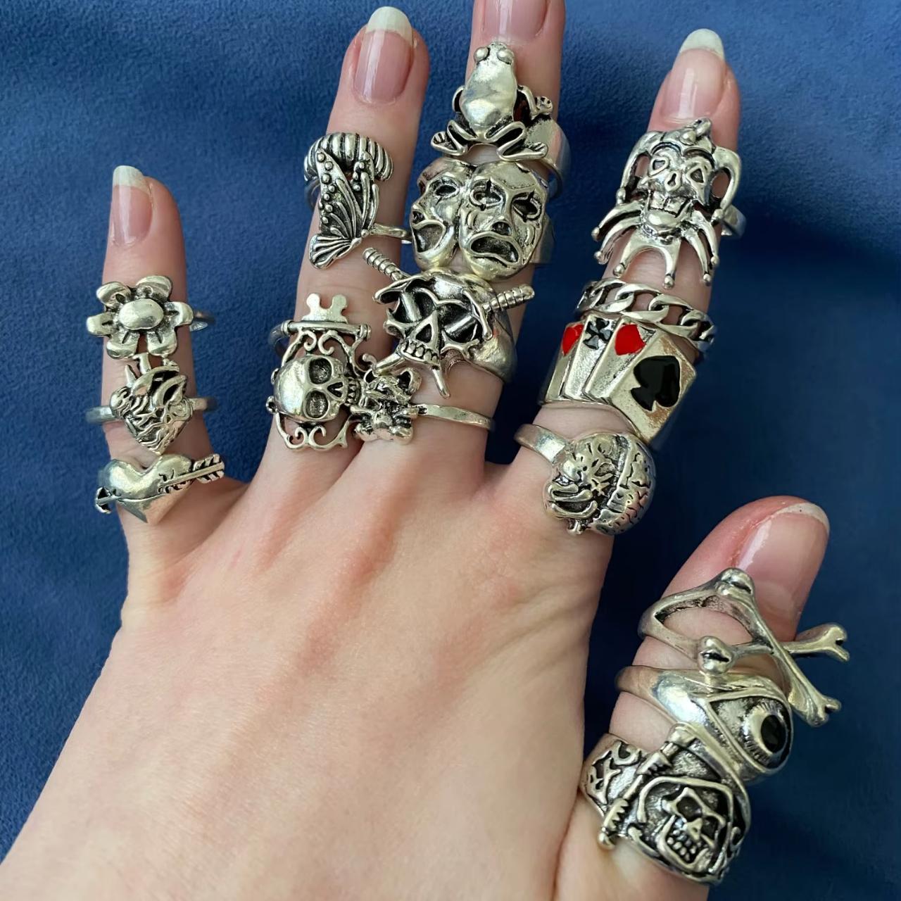 Adjustable 24 PCS Silver Punk Ring Set, Gothic Ring... - Depop