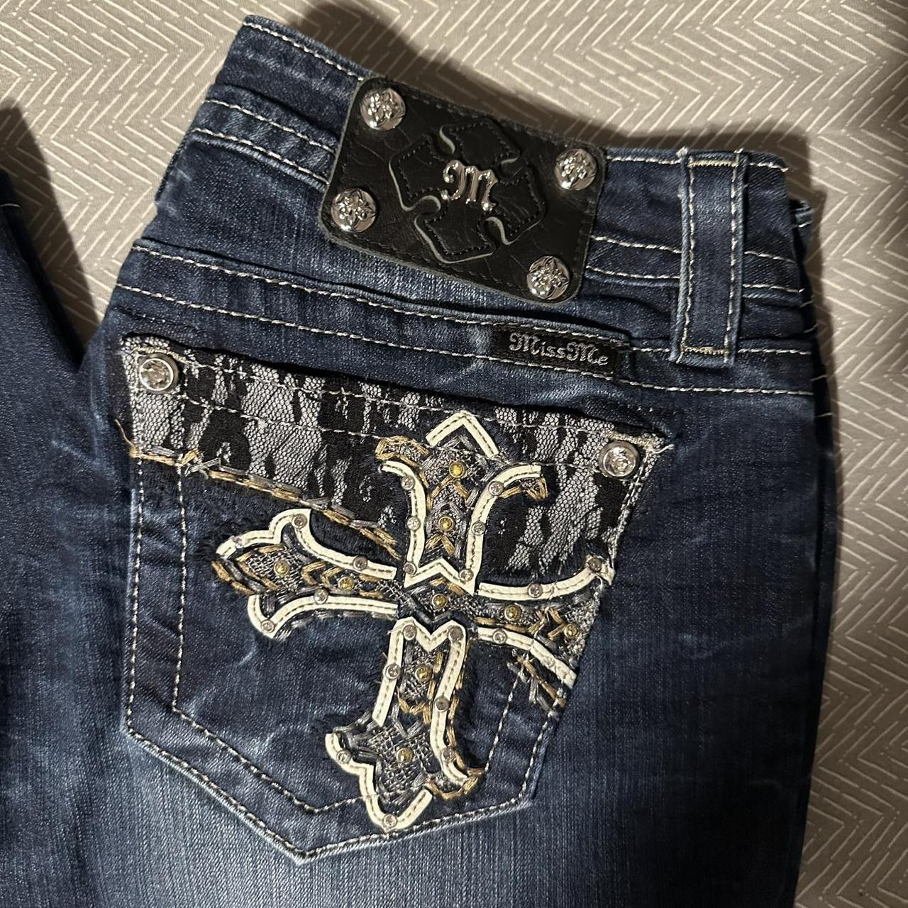Miss Me navy blue low rise bootcut jeans with cross... - Depop