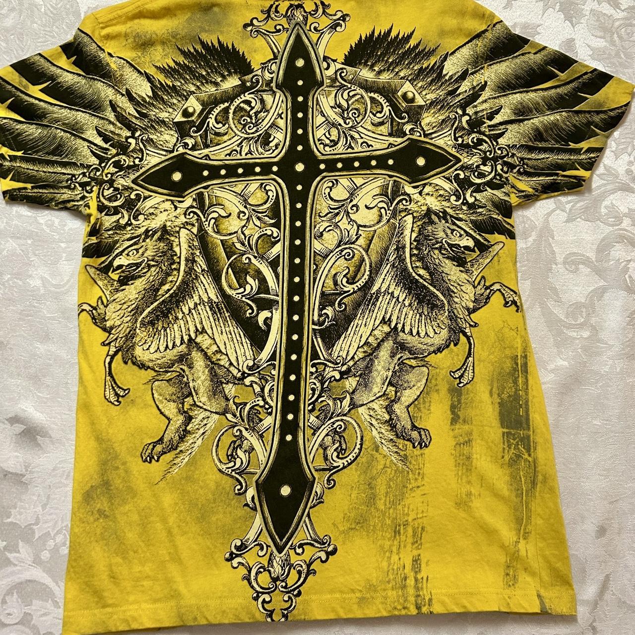 Yellow and black affliction tee with cross and wing... | Depop