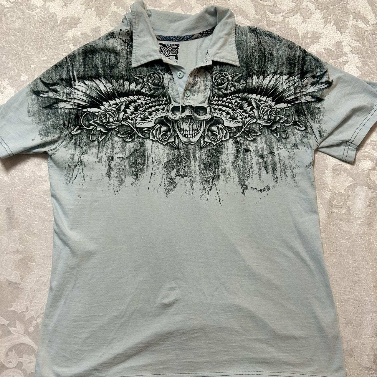 Light blue and black affliction skull polo... | Depop