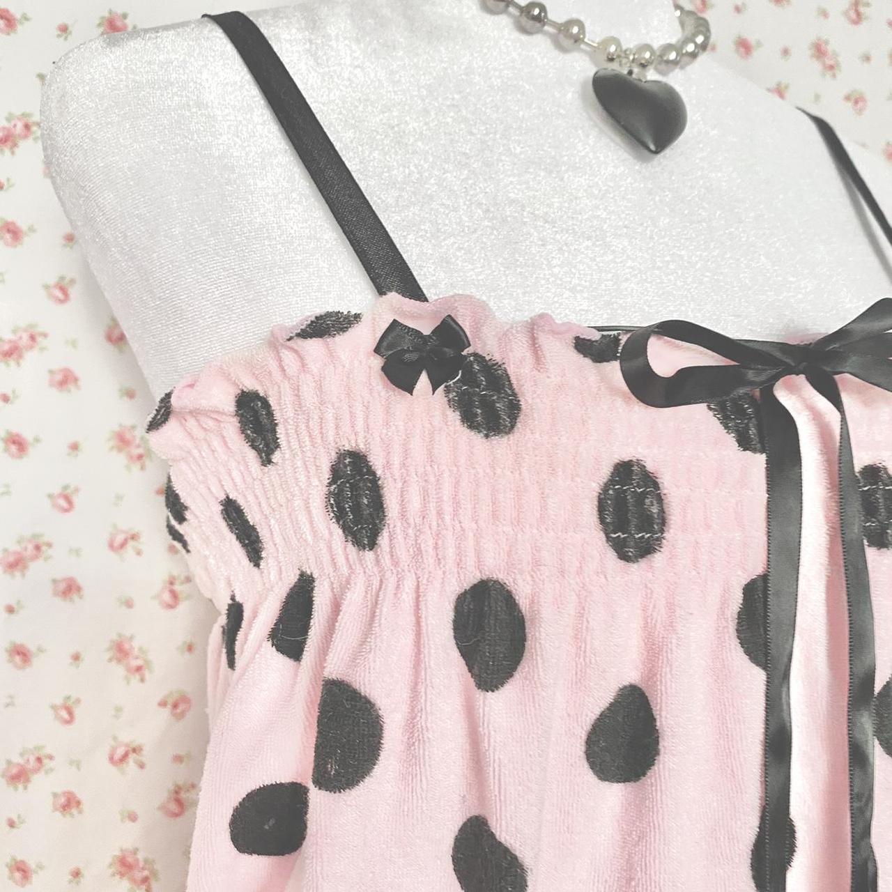 🎀 gyaru light baby pink black polka dot satin bow... - Depop