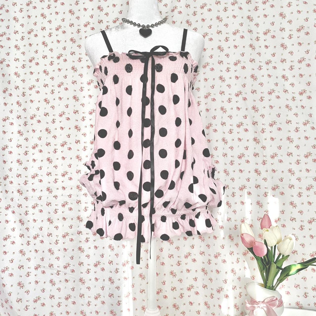 🎀 gyaru light baby pink black polka dot satin bow... - Depop