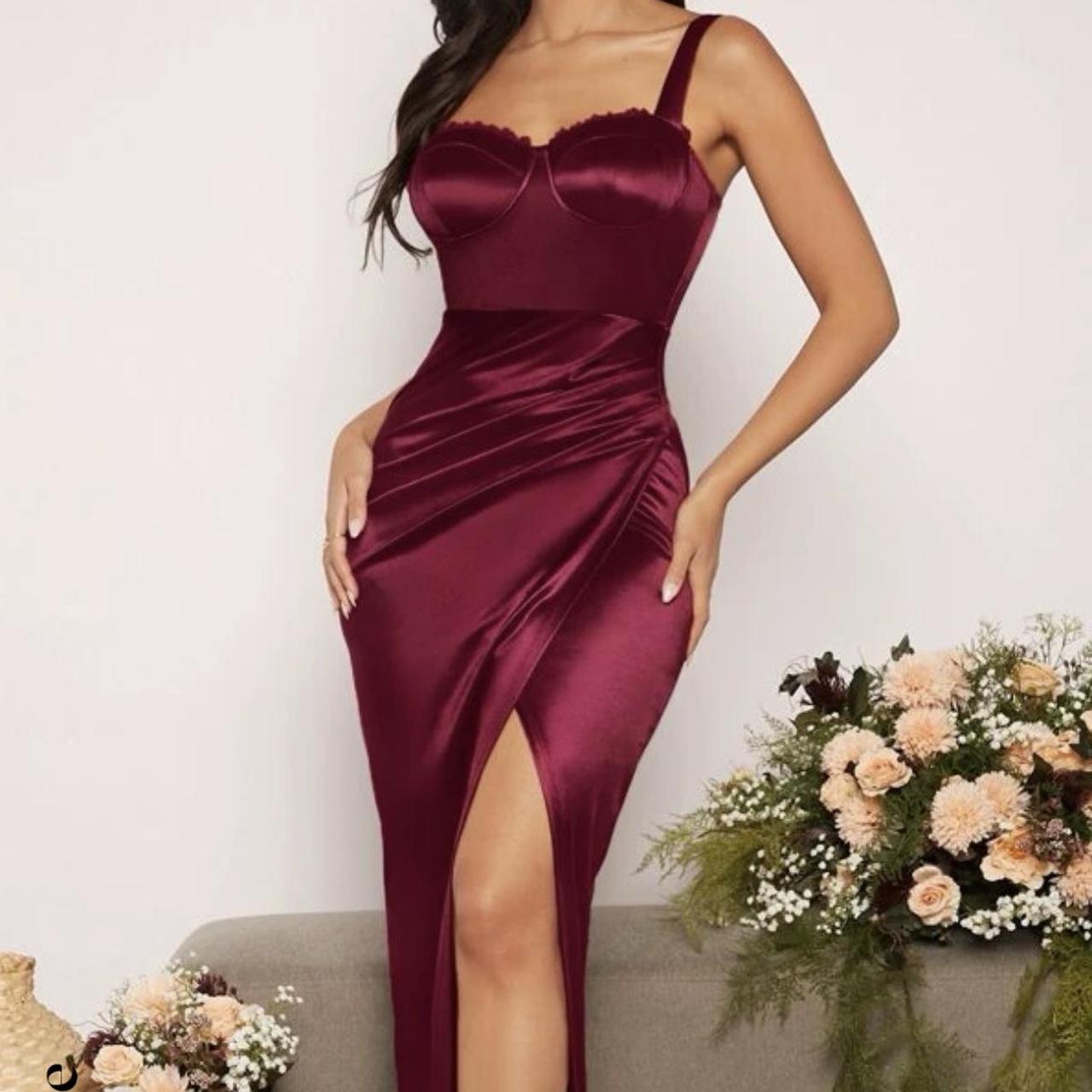 Maroon satin ruched dress Wedding guest dress... - Depop