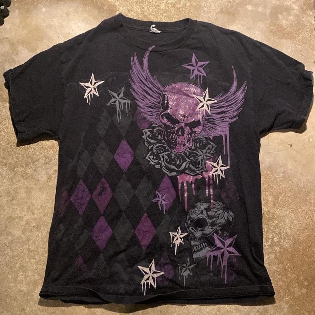 y2k grunge skulls and stars shirt - black and purple... - Depop