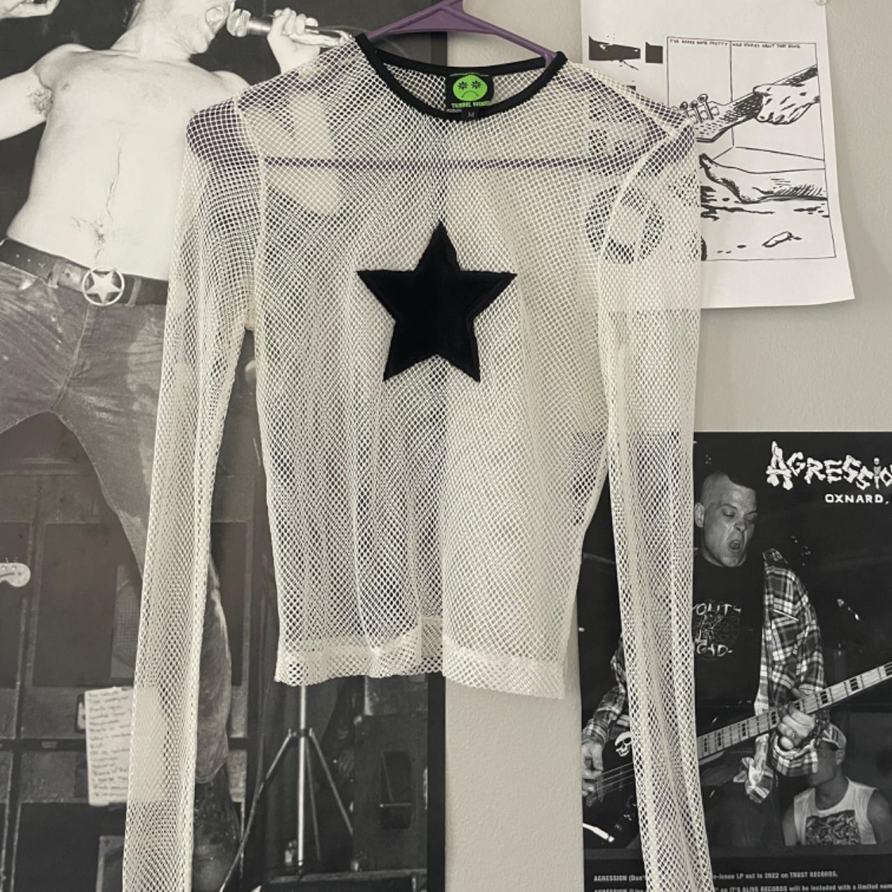 tunnel vision fuzzy star fishnet crop top super... - Depop