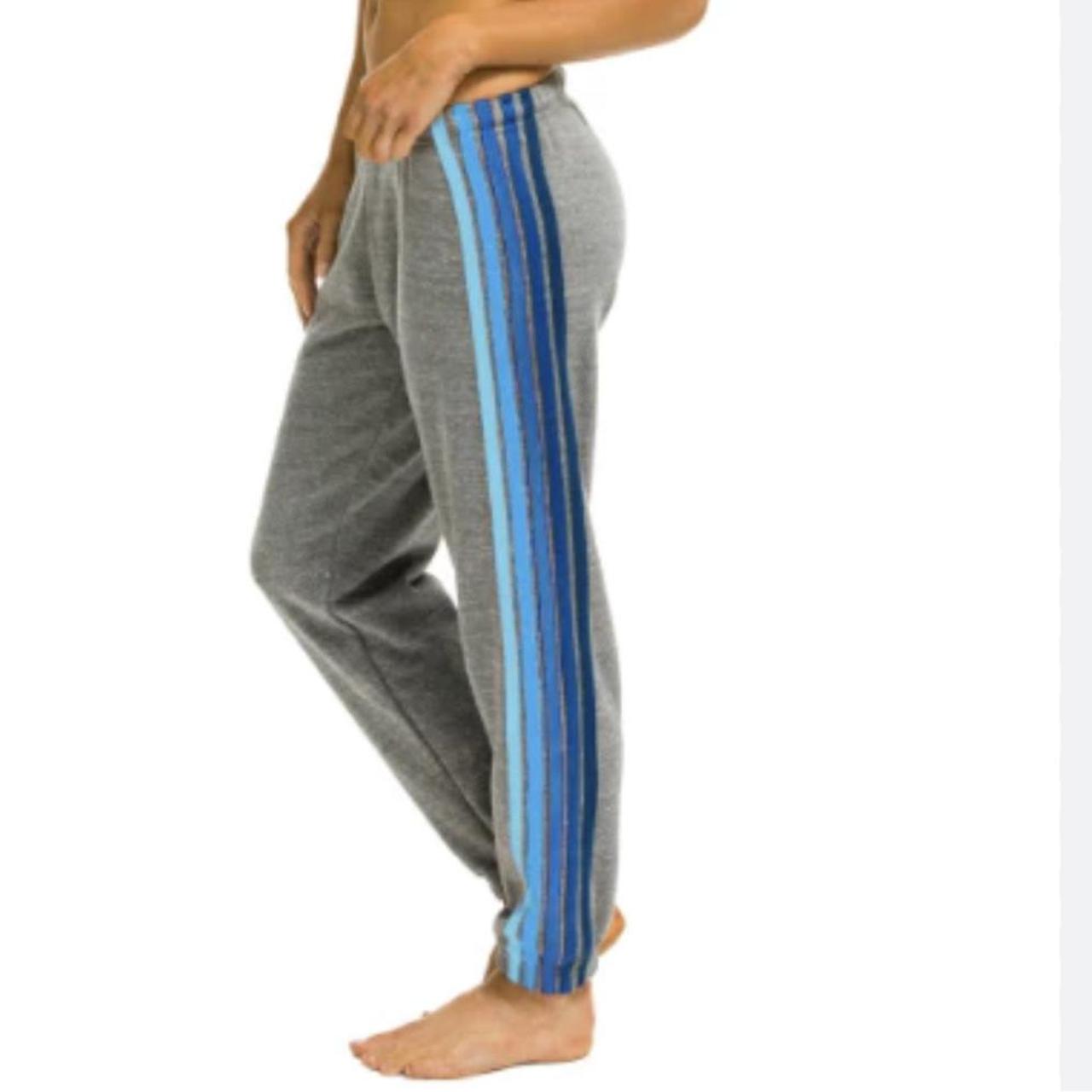 grey and blue stripes aviator nation sweatpants size... - Depop