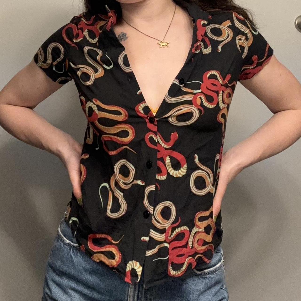 Snake print short sleeve button up top Brand is... - Depop