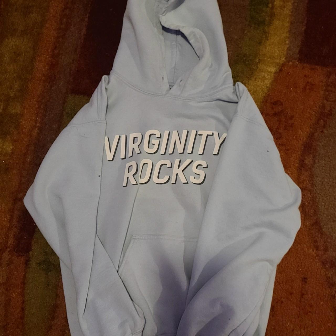 Baby blue virginity rocks hoodie, size small great... - Depop