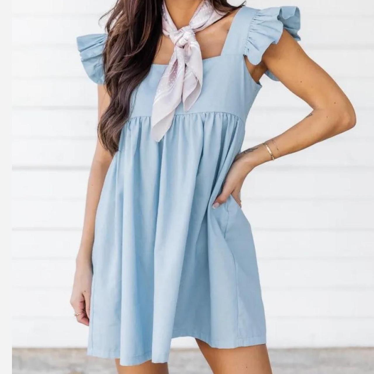 Light blue denim ruffle sleeve mini dress - perfect... - Depop