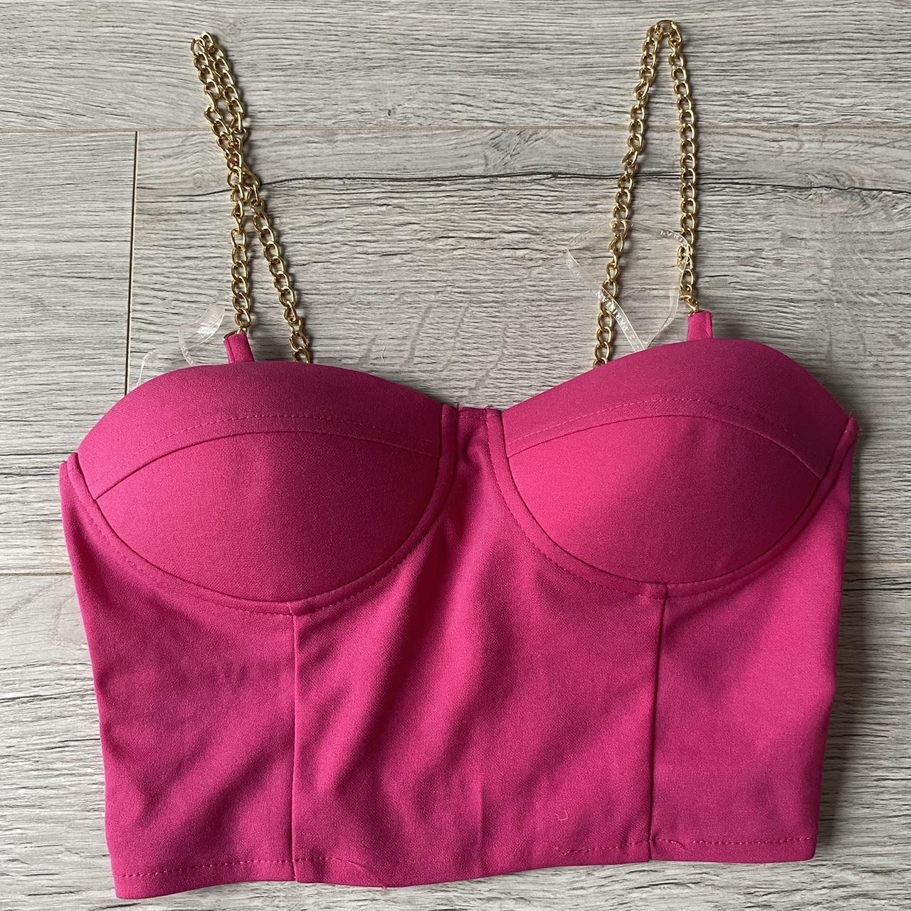 Hot pink crop top, gold chain straps. - Depop