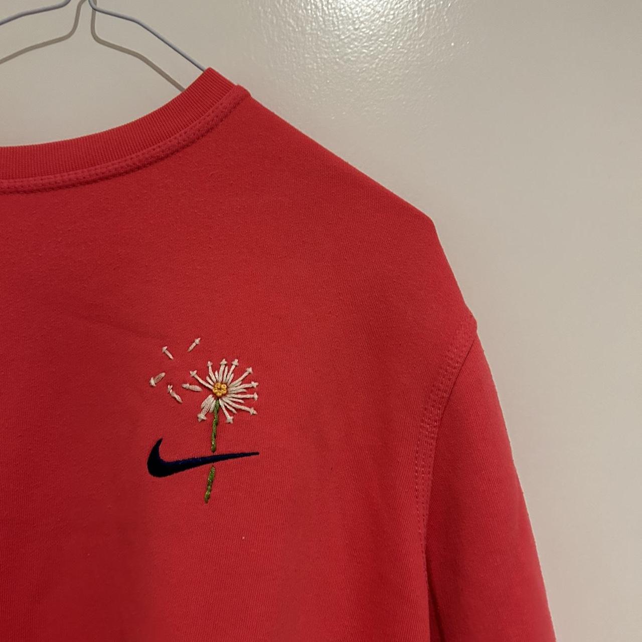 Hand sewn dandelion red Nike jumper / sweatshirt... - Depop