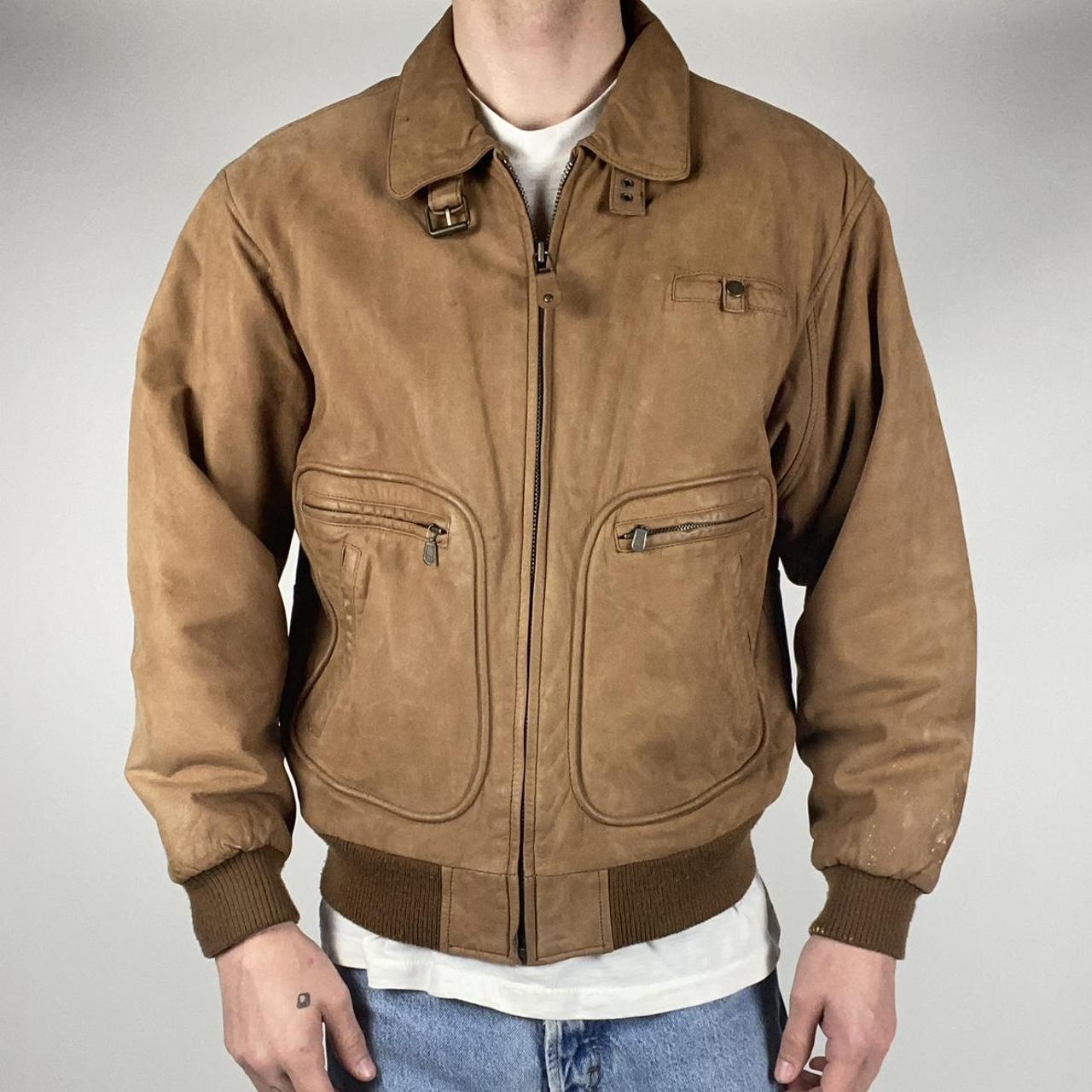 Vintage brown/ tan leather bomber jacket • size... - Depop